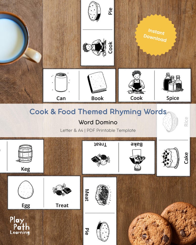 Rhyming Word Domino Game Printable | Food Theme Phonics Game for Kids ...