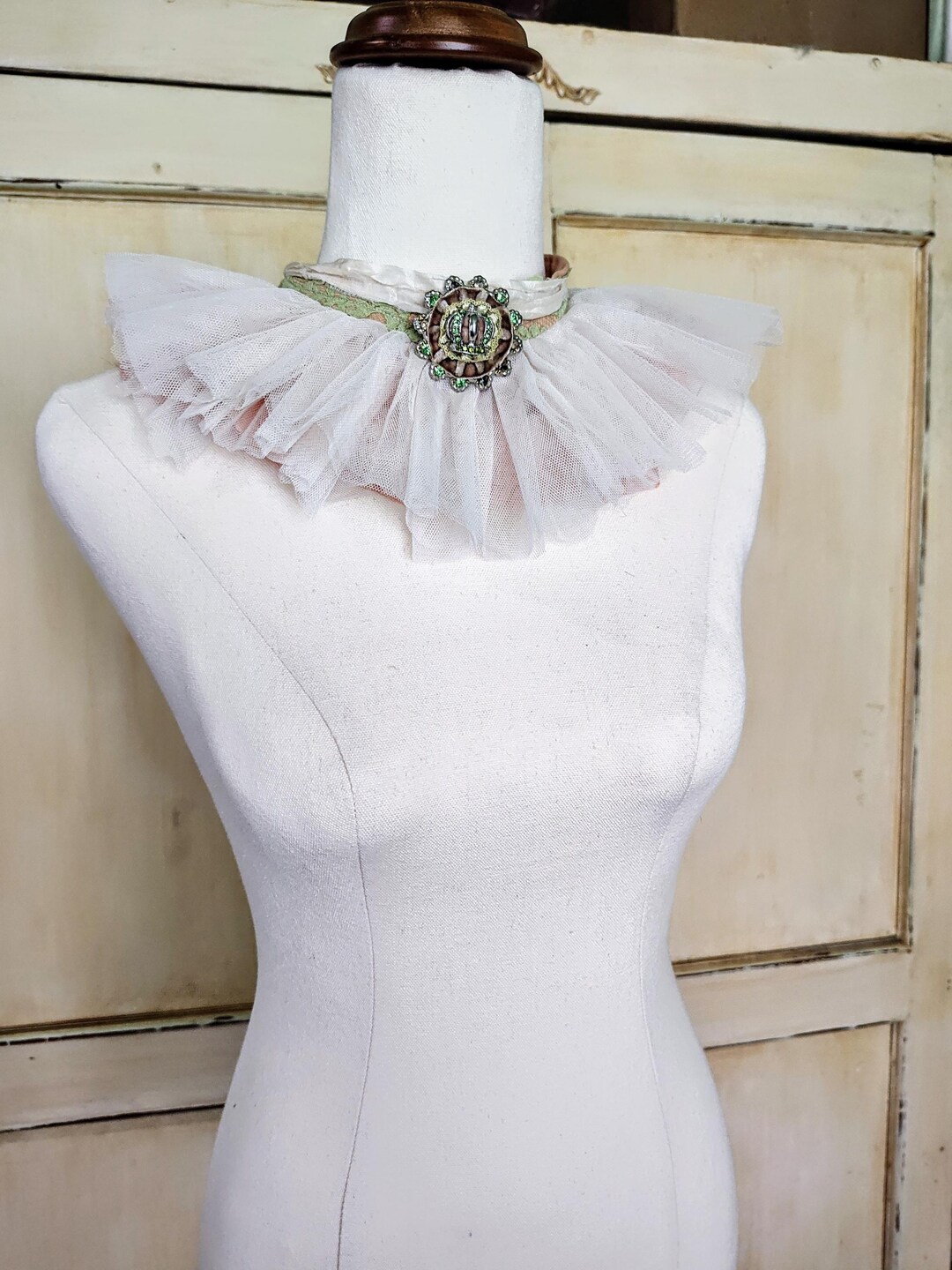 Tattered Tulle Silk Antique Style Collar Neck Ruffle Embellished With a ...