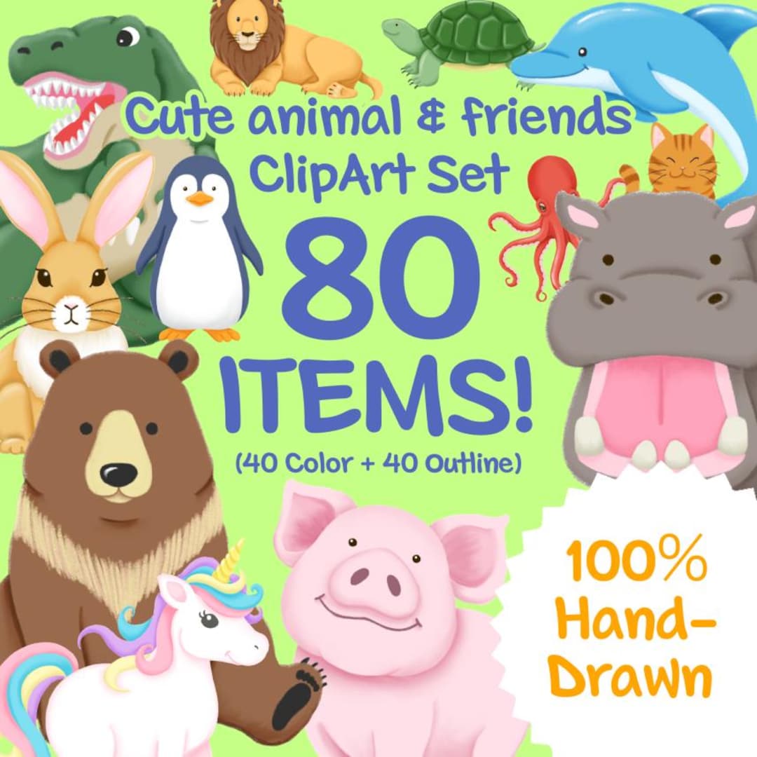 Hand Drawn Animals Friends Clip Art Bundle, 80 Color Outline PNG ...