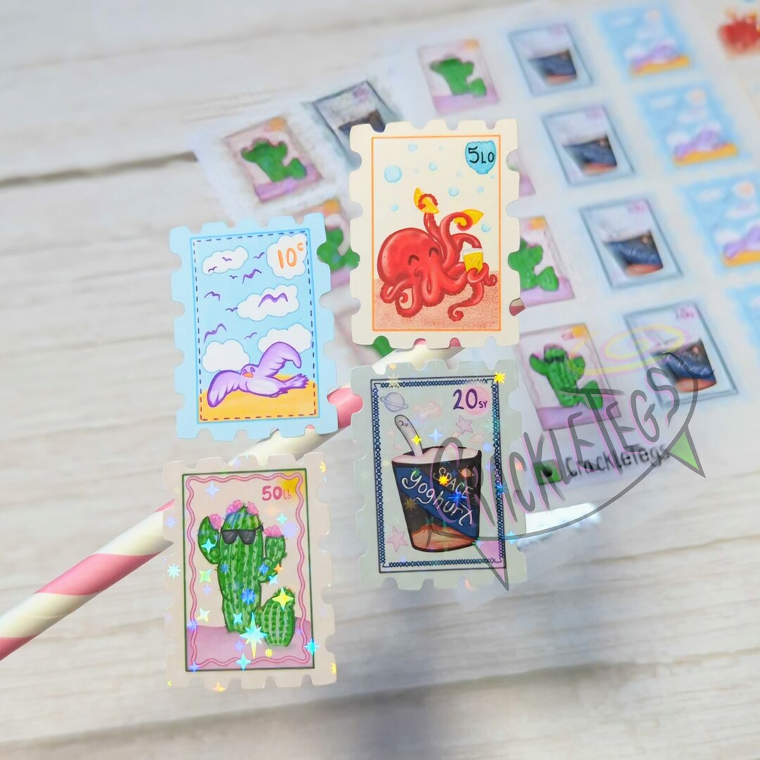 Whimsical Stamp Stickers, A5 Sheet of 16. 4 Different Designs, Hand ...