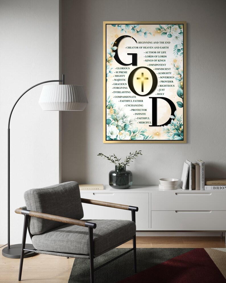 Attributes of God Wall Art, Christian Names Print, Sage Floral Cross ...