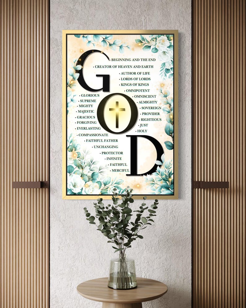 Attributes of God Wall Art, Christian Names Print, Sage Floral Cross ...
