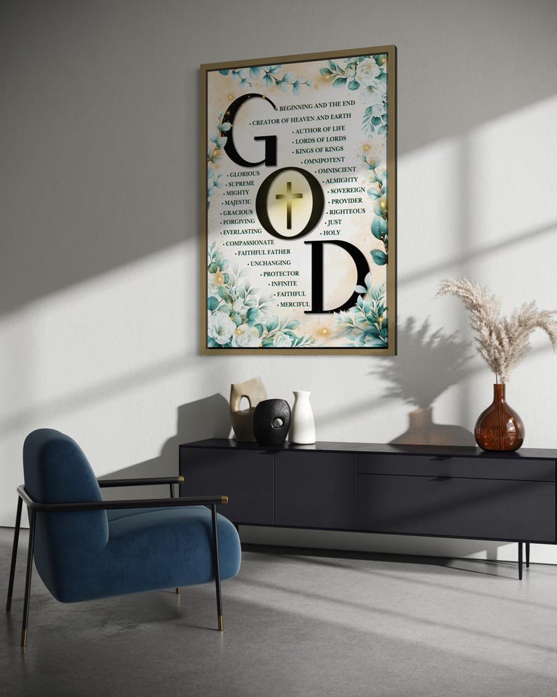 Attributes of God Wall Art, Christian Names Print, Sage Floral Cross ...