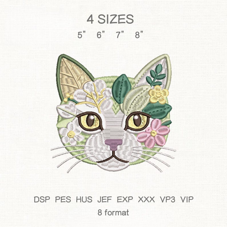 Floral Cat Embroidery Design, Whimsical Animal Machine Embroidery File ...