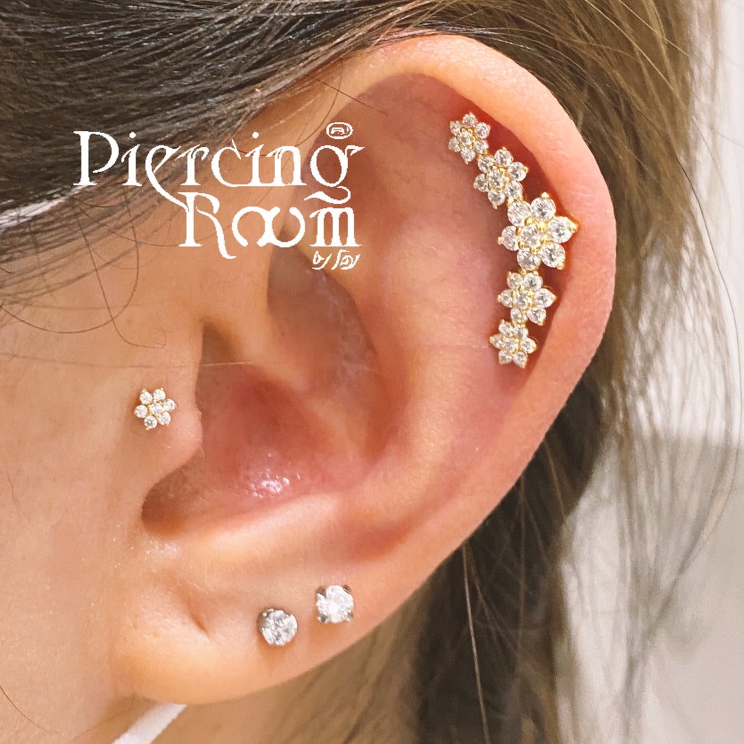 Gems Flower Garland Sterling Silver SCREW Flat Back for Conch/cartilage ...