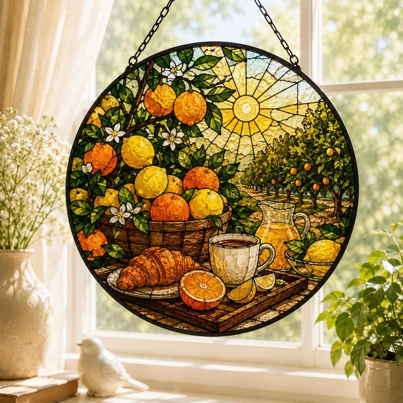 Citrus Orchard Suncatcher,stained Glass Lemon Orange Window Hanging ...