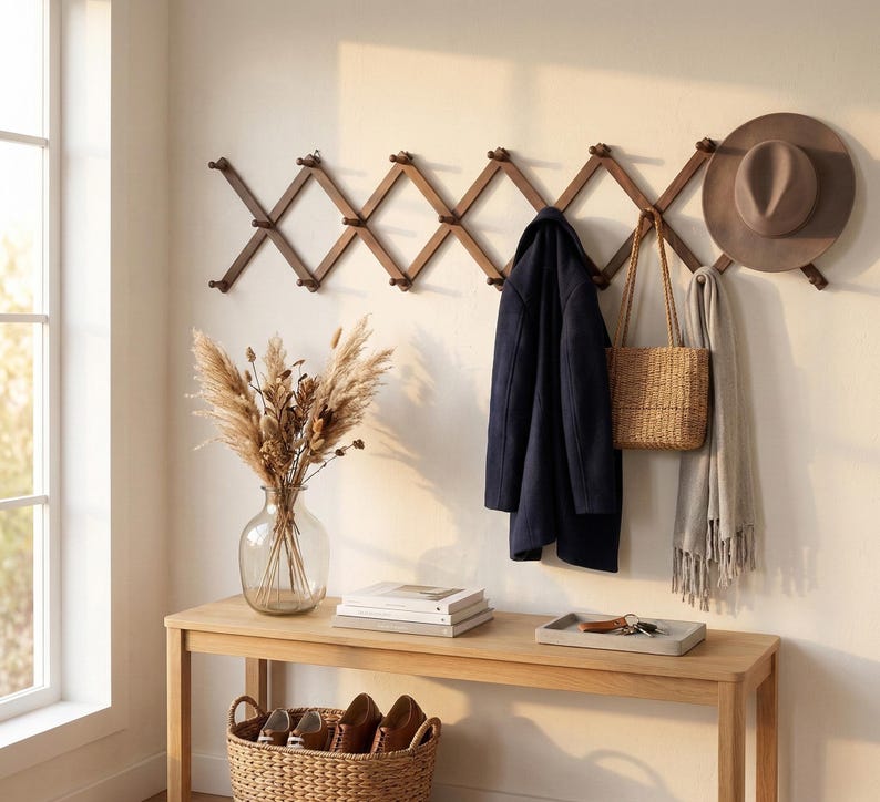 Expandable Wooden Wall Coat Rack Accordion Hat Rack Wall Mounted Hat ...