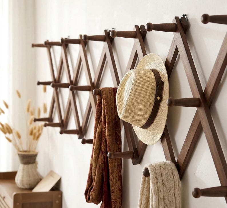 Expandable Wooden Wall Coat Rack Accordion Hat Rack Wall Mounted Hat ...