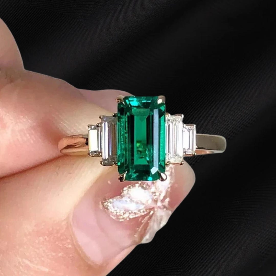 Emerald Cut Engagement Ring, Baguette Diamond Accents, 14K Gold Plated ...