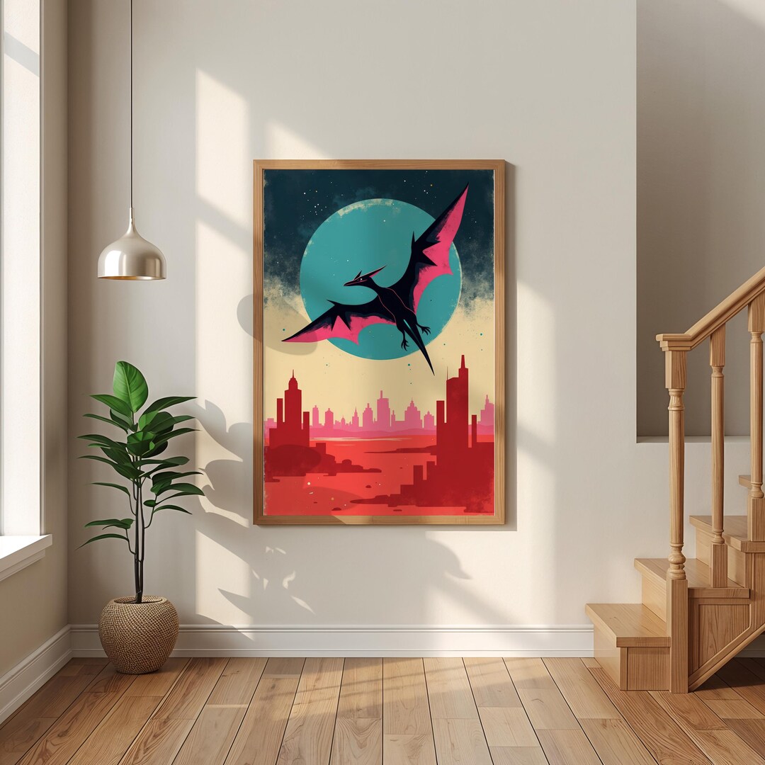 Pterosaur Poster, Dinosaur Wall Art, Retro Cityscape, Pterodactyl ...