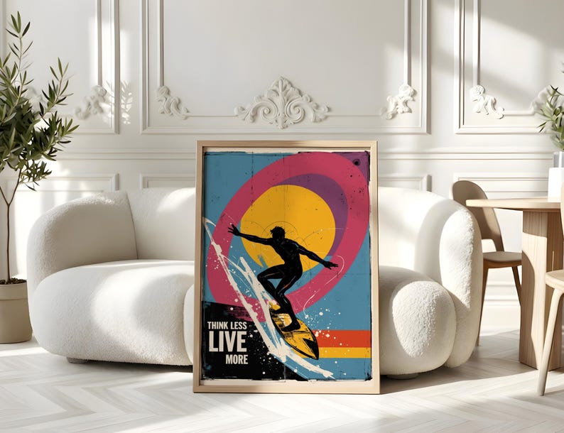Surfer Silhouette Poster, Coastal Beach Wall Art, Retro Surf Teen Boy ...