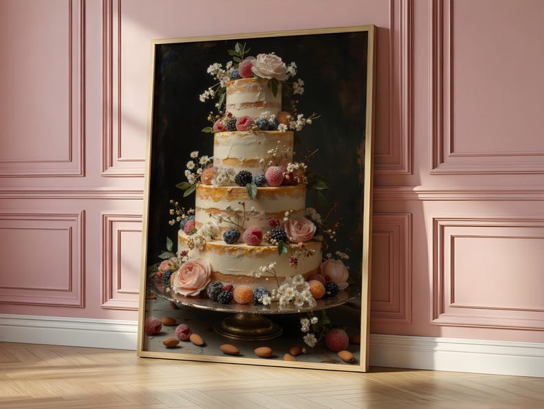 Wedding Cake Poster, Floral Cake Wall Art Print, Blush Pink Cream Gold ...