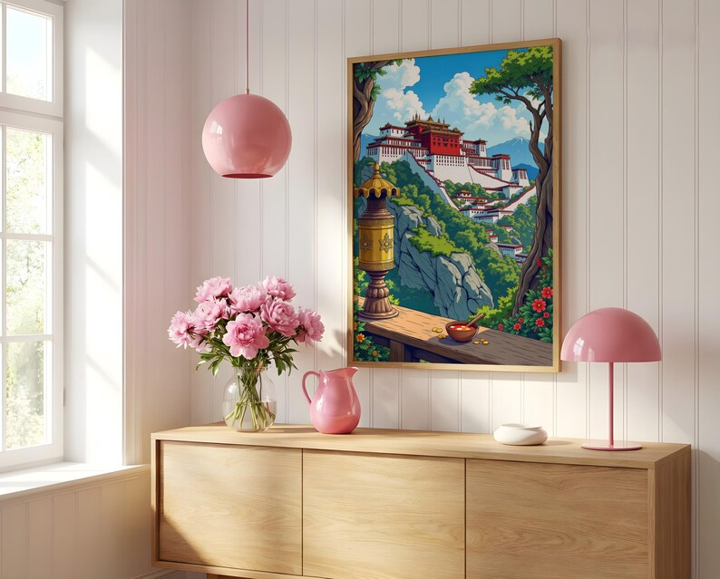 Mountain Monastery Poster, Vibrant Landscape Wall Art, Contemporary ...
