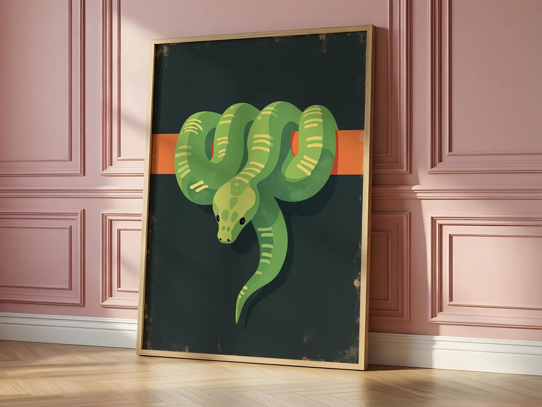 Green Snake Poster, Vintage Serpent Illustration, Mid-century Modern ...