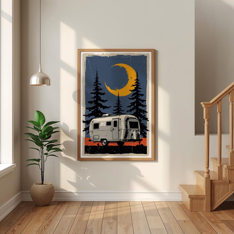 Vintage Camper Poster, Retro Travel Art, Rustic Lodge Cabin, Mid ...