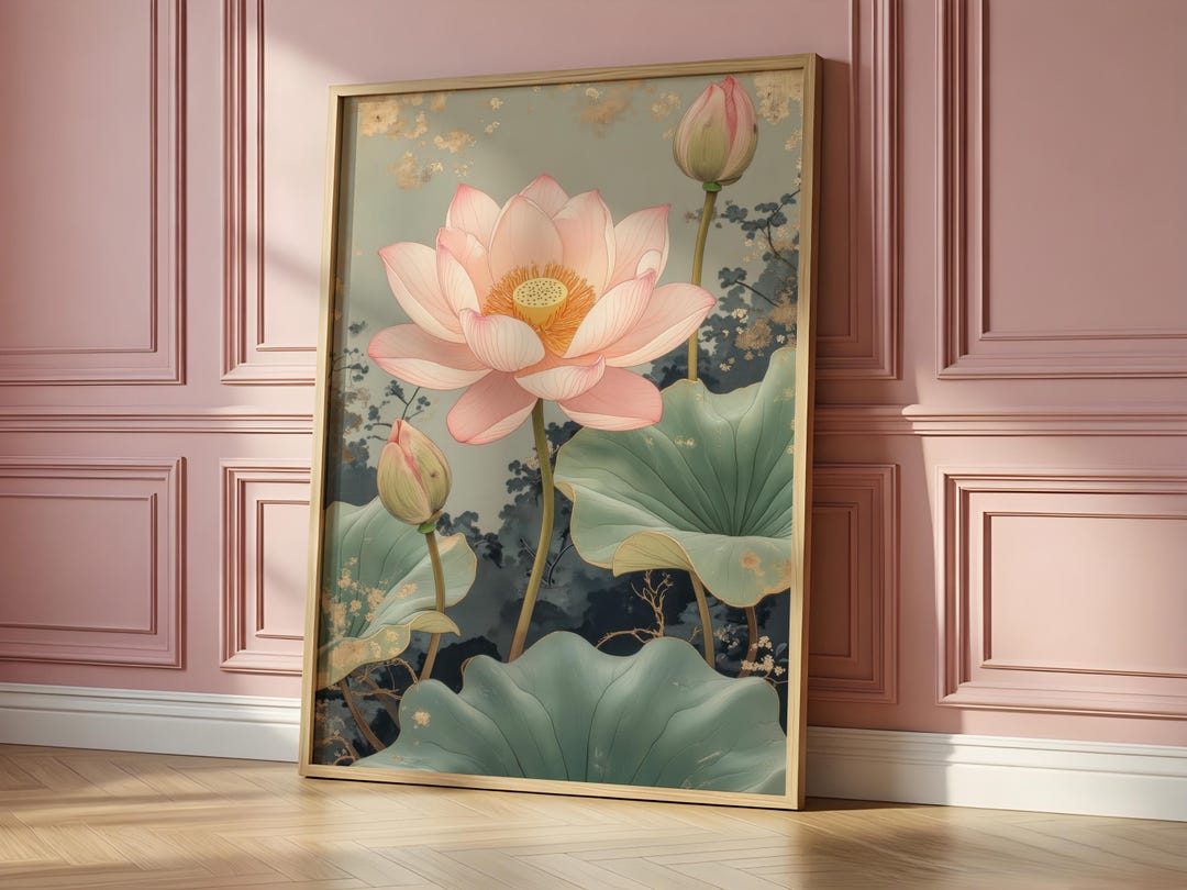 Lotus Flower Poster, Botanical Vintage Wall Art, Art Nouveau Japanese ...