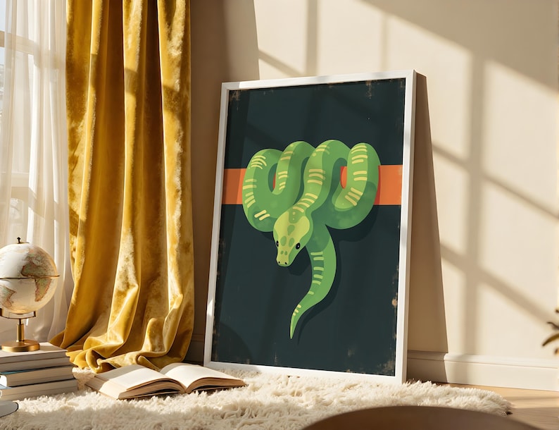 Green Snake Poster, Vintage Serpent Illustration, Mid-century Modern ...
