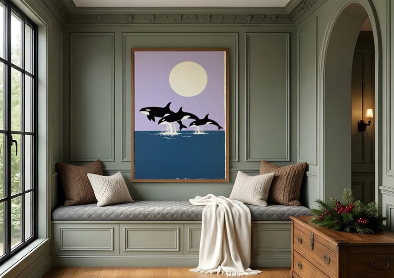 Orca Poster, Killer Whale Ocean Art Print, Minimalist Coastal Moonlit ...