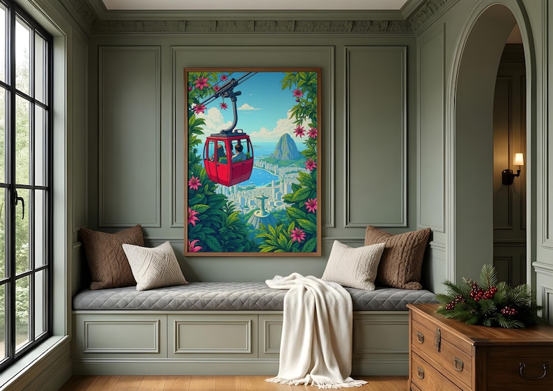 Cable Car Poster, Rio De Janeiro Travel Art, Bohemian Illustrated Wall ...