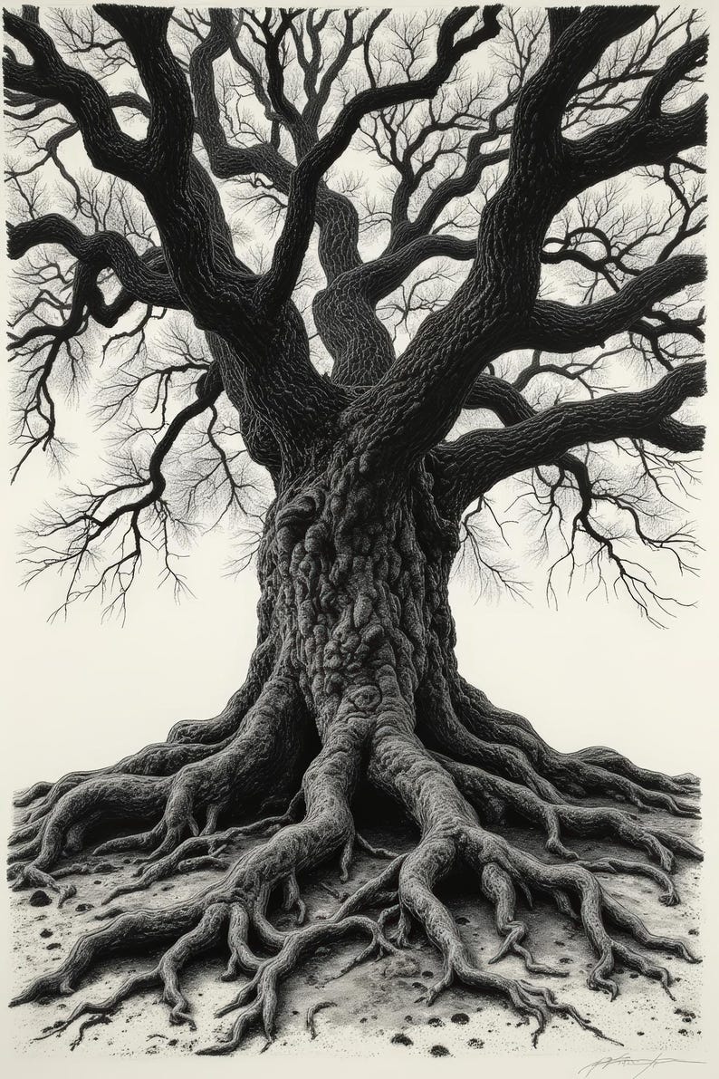 Moody Tree Roots Poster, Minimalist Wall Art, Charcoal Botanical Print ...