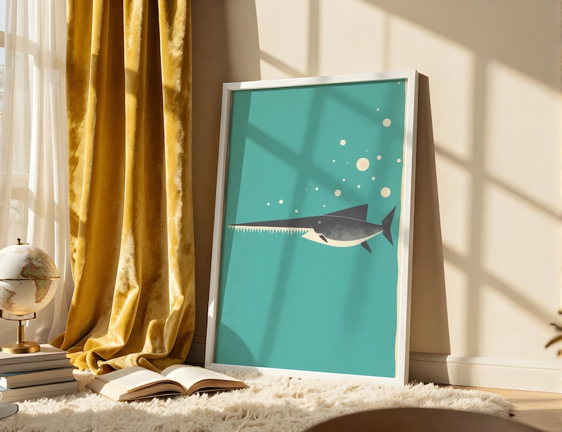 Turquoise Waters Poster, Sawfish Swimming, Minimalist Japandi Coastal ...