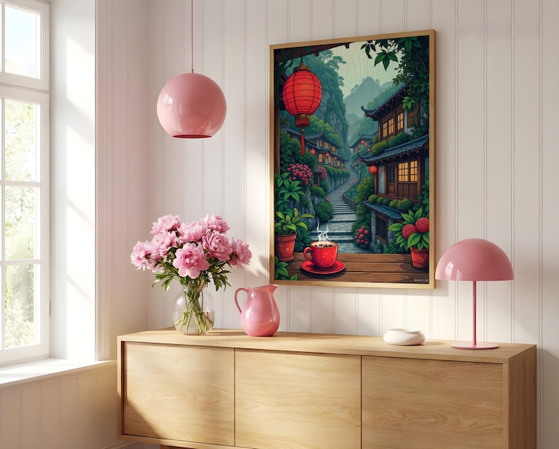 Asian Village Poster, Landscape Travel Art, Zen Teahouse Pathway With ...