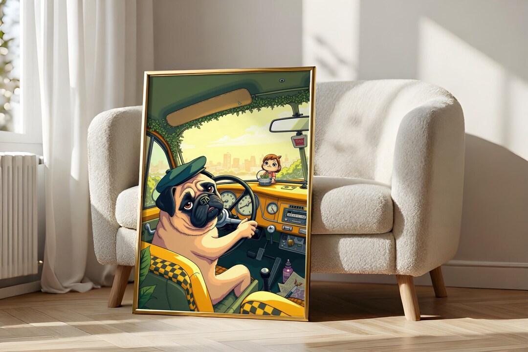 Cute Dog Poster, Pug Taxi Driver, Cartoon Puppy Lover Wall Art, Yellow ...