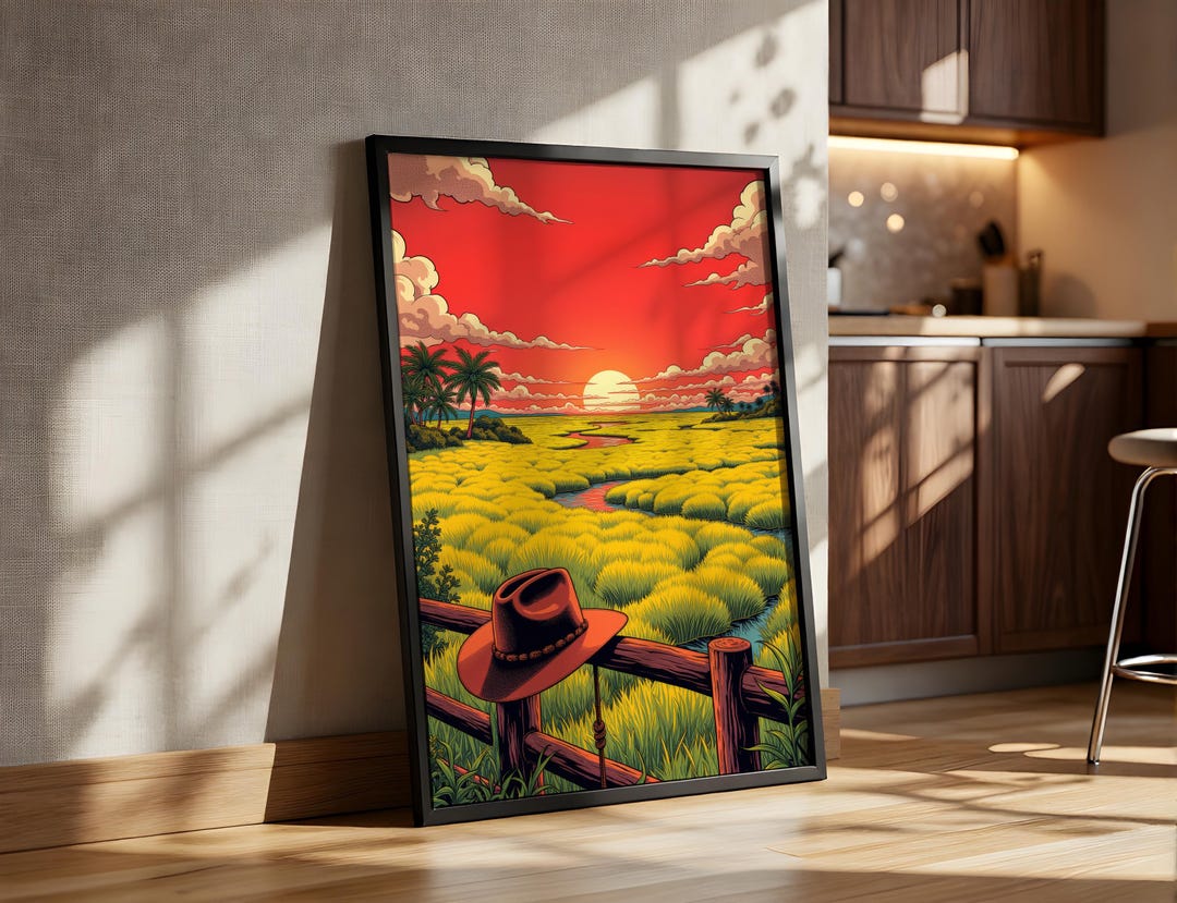 Hawaii Sunset Poster, Tropical Beach Travel Wall Art, Vintage Vibrant ...