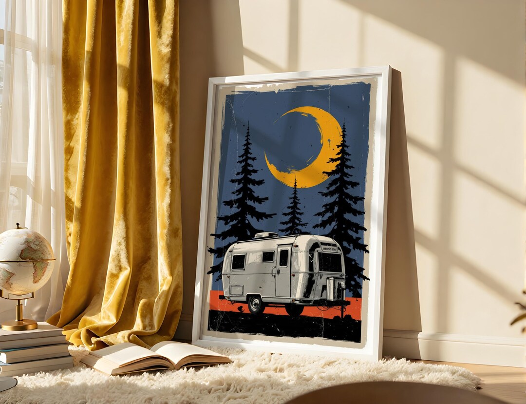 Vintage Camper Poster, Retro Travel Art, Rustic Lodge Cabin, Mid ...