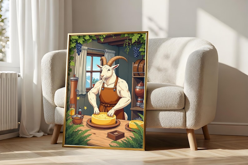 Cheese Lover Poster, Muscular Goat Kitchen Wall Art, Whimsical ...