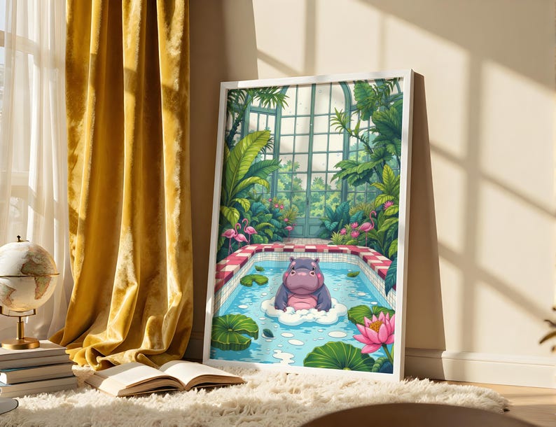 Tropical Hippo Bath Pink Framed Poster Whimsical Illustration Kids ...