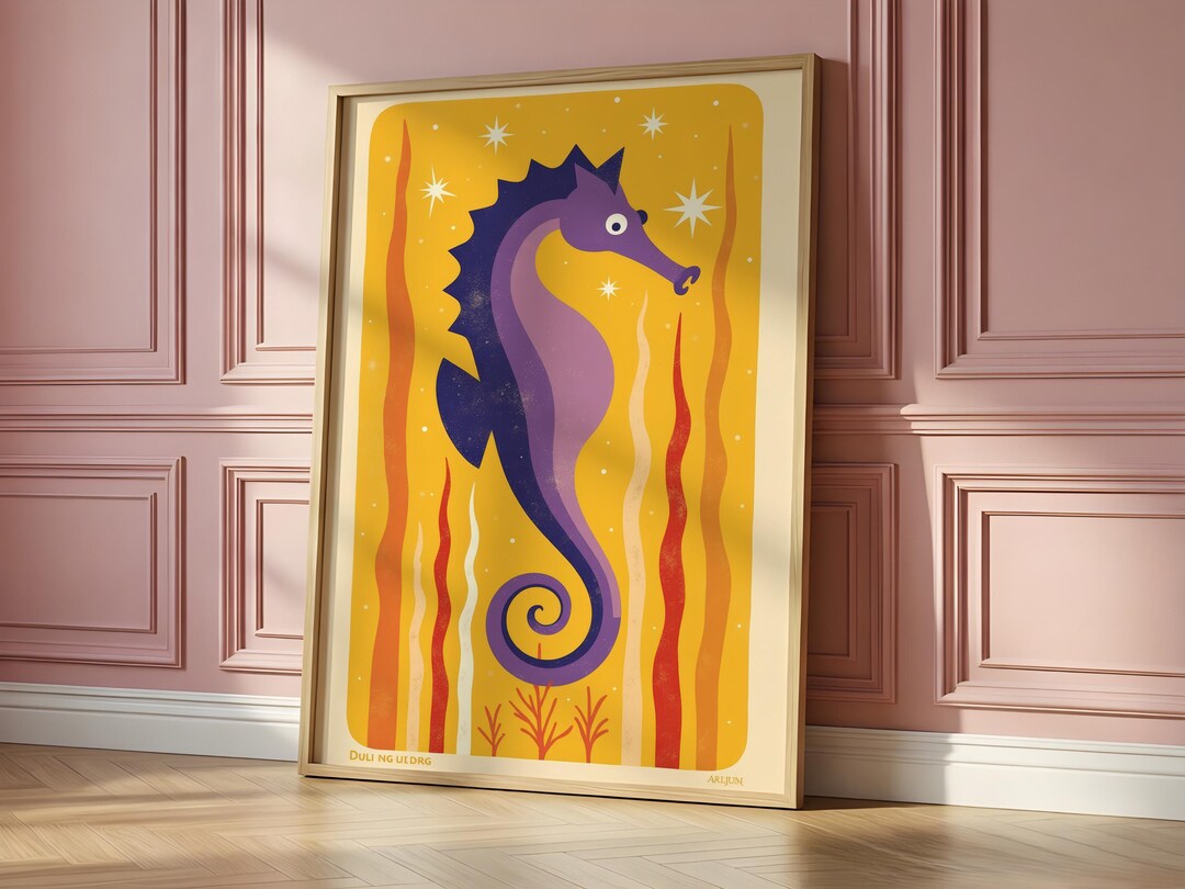 Seahorse Poster, Ocean Illustration, Art Deco Coastal Wall Art, Yellow ...