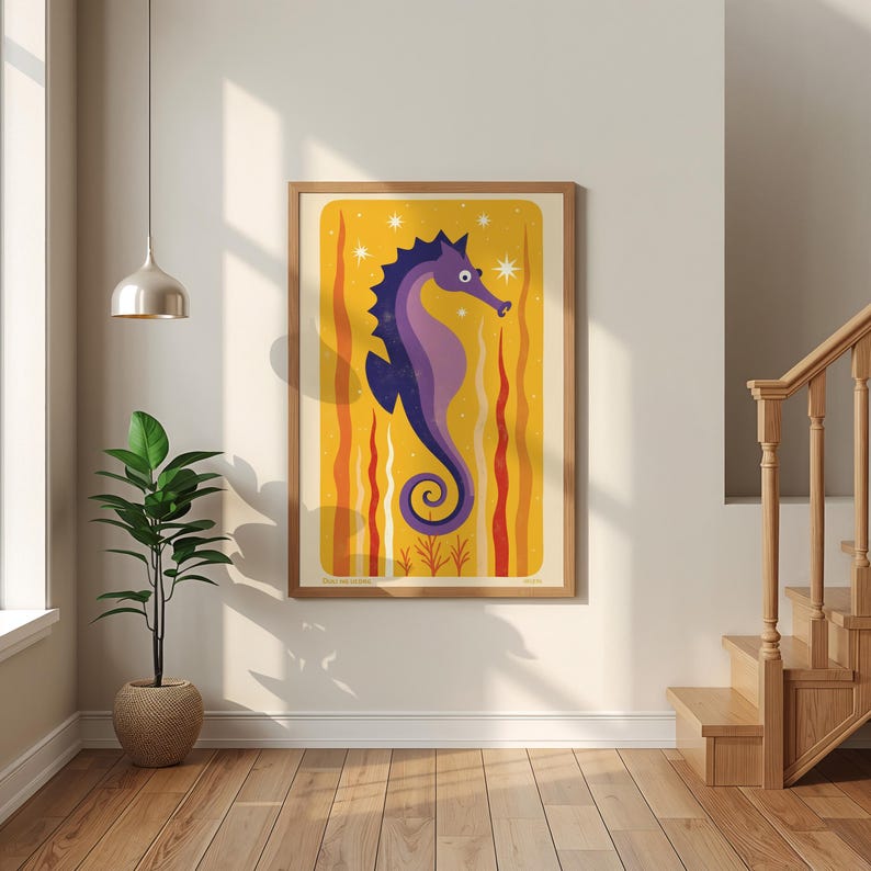 Seahorse Poster, Ocean Illustration, Art Deco Coastal Wall Art, Yellow ...