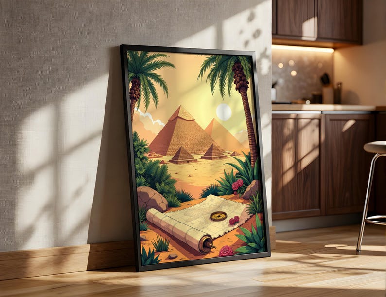 Pyramids Poster, Egypt Travel Wall Art, Vintage Illustration, Golden ...