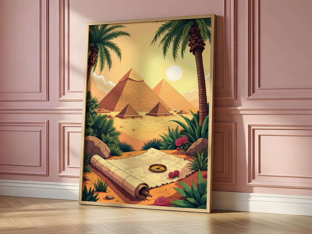 Pyramids Poster, Egypt Travel Wall Art, Vintage Illustration, Golden ...