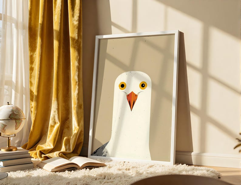 Funny Seagull Poster, Coastal Beach Bird Wall Art, Minimalist Mid ...