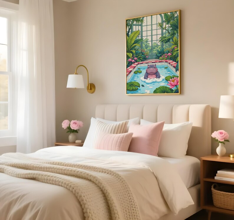 Tropical Hippo Bath Pink Framed Poster Whimsical Illustration Kids ...