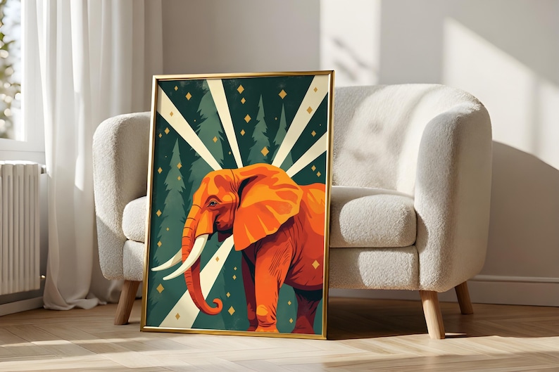 Elephant Poster, Animal Wall Art, Art Deco Sunburst, Orange Teal ...