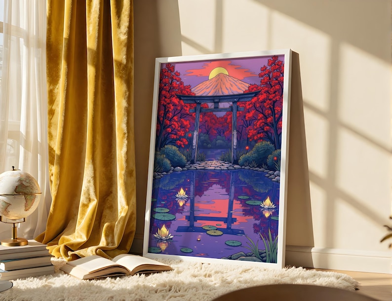 Japanese Torii Gate Poster, Mount Fuji Shrine Landscape, Minimalist ...