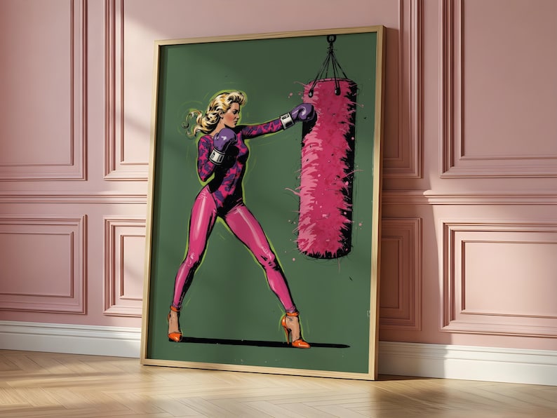 Boxing Woman Poster, Female Boxer Retro Pop Art, Pink Green Gold Wall ...