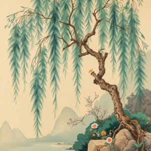 Willow Tree Poster, Japanese Landscape Nature Wall Art, Japandi Ink ...