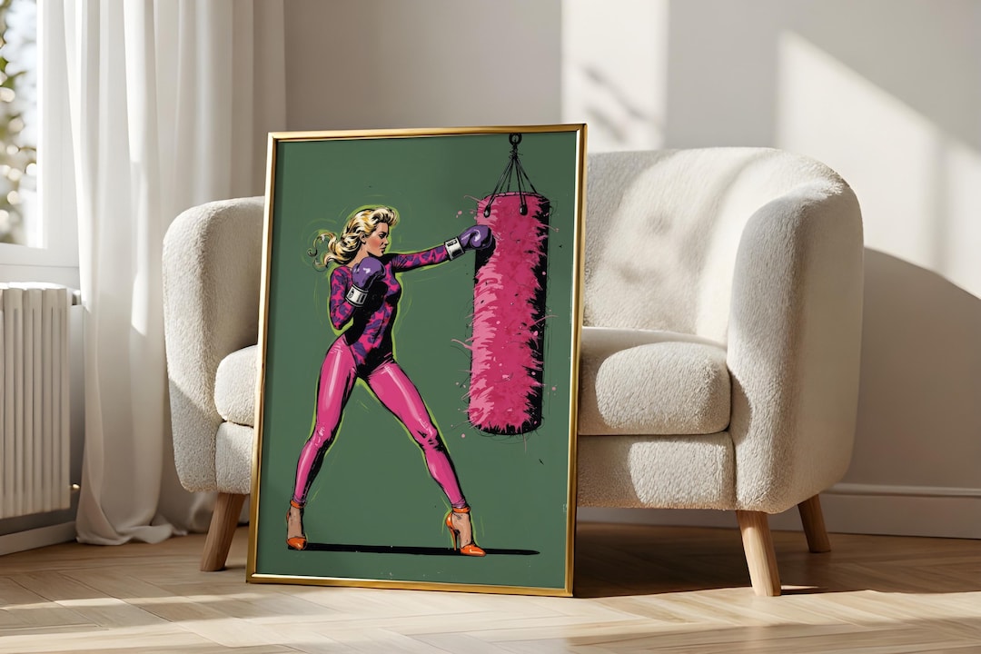 Boxing Woman Poster, Female Boxer Retro Pop Art, Pink Green Gold Wall ...
