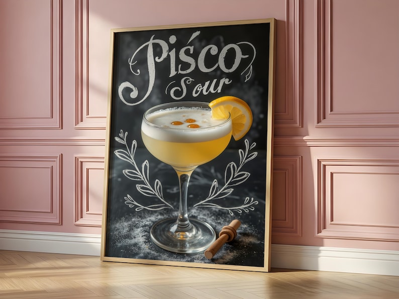 Pisco Sour Cocktail Poster, Vintage Chalkboard Bar Art, Golden Yellow ...