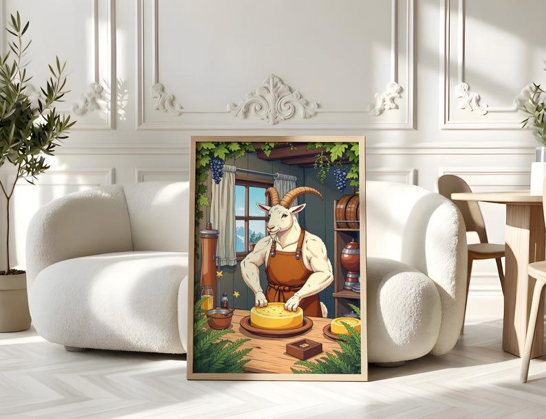 Cheese Lover Poster, Muscular Goat Kitchen Wall Art, Whimsical ...