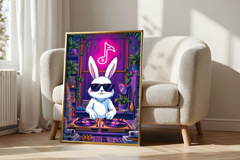 Bunny Art Poster, Rabbit Dj Illustration, Cartoon Vibrant Music Wall ...