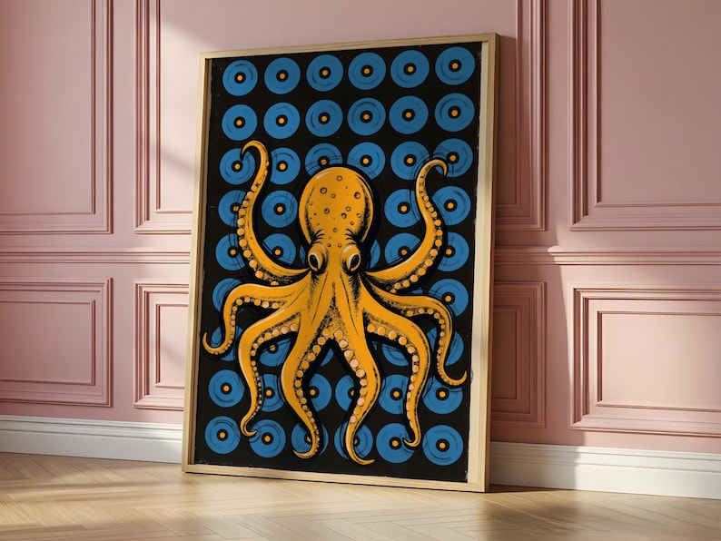 Framed Octopus Poster, Giant Orange Animal, Vintage Illustration, Deep ...