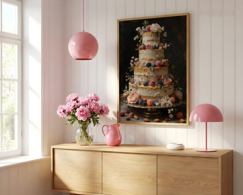 Wedding Cake Poster, Floral Cake Wall Art Print, Blush Pink Cream Gold ...