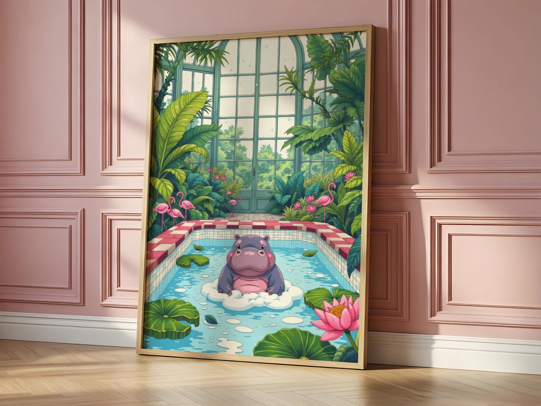 Tropical Hippo Bath Pink Framed Poster Whimsical Illustration Kids ...