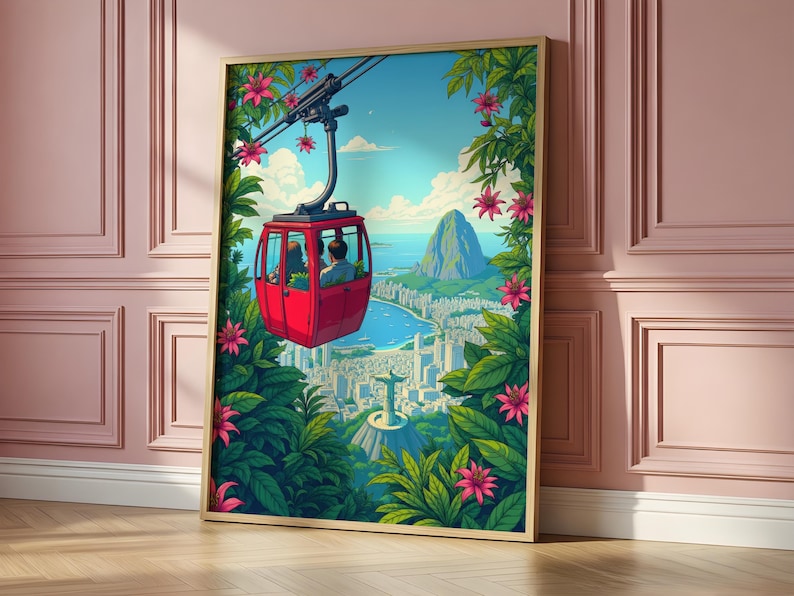 Cable Car Poster, Rio De Janeiro Travel Art, Bohemian Illustrated Wall ...