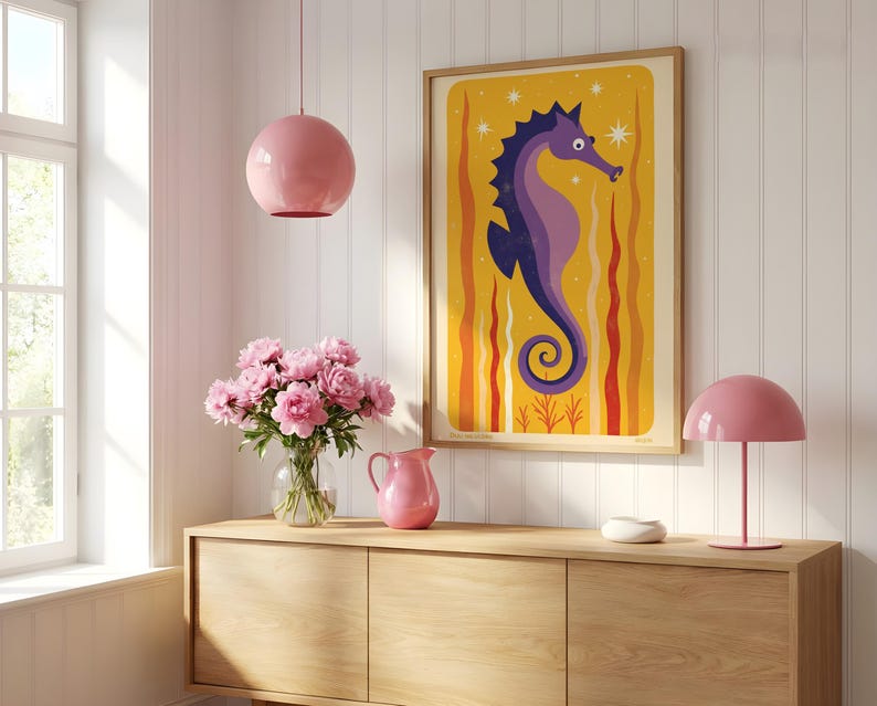 Seahorse Poster, Ocean Illustration, Art Deco Coastal Wall Art, Yellow ...